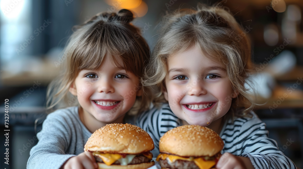 two little children eating a big hamburger at a table in a cafe, boy ...