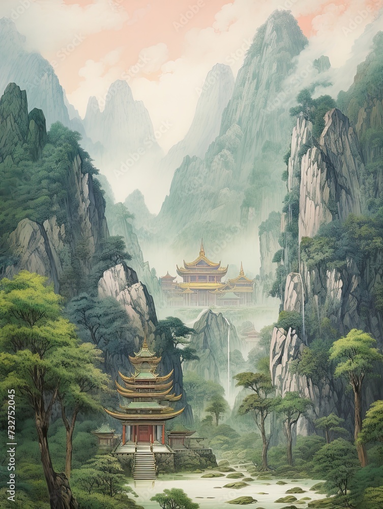 Mountain Temples Art: Majestic Scene, Nature Print, Vintage Landscape ...