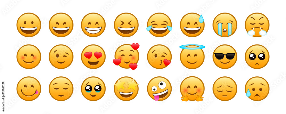 Emoji reactions. Funny emoticons faces with facial expressions. Social ...