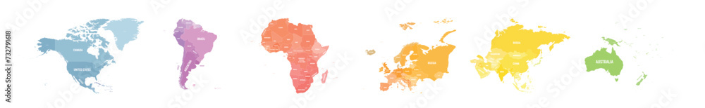 Set of six world continent maps in a row - North America, South America ...