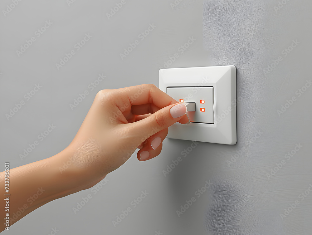 A persons hand is captured in the process of switching off a modern ...