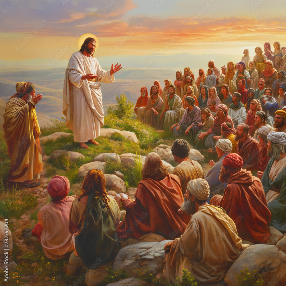 Jesus Christ stands before a large crowd gathered around him and ...