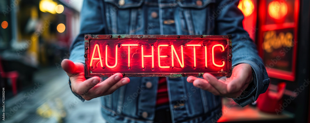 Hands holding a bold AUTHENTIC sign against a bokeh light background ...