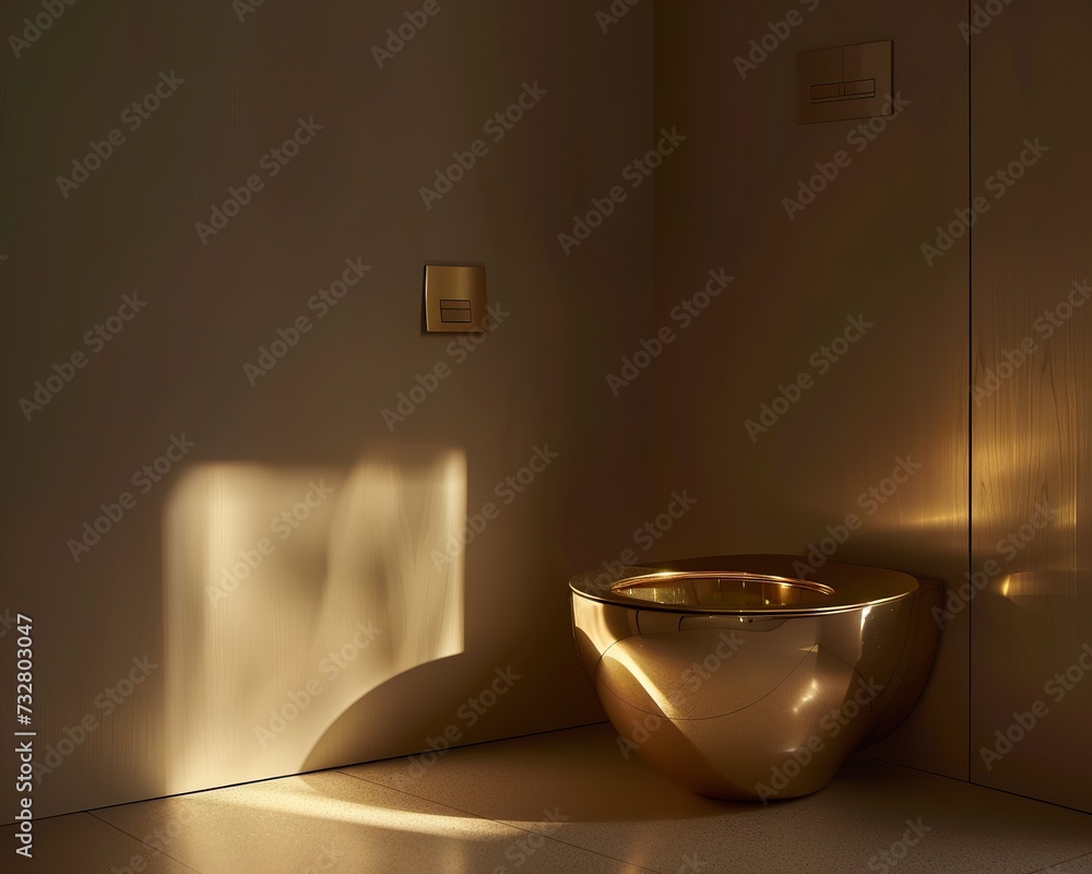 A gold toilet shines in its extravagance, representing luxury and ...