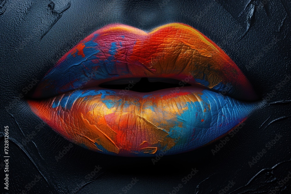 Plump female lips painted with multi-colored lipstick with shades of ...