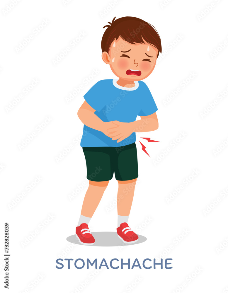 Sick little boy suffering from stomach ache, diarrhea, abdominal pain ...
