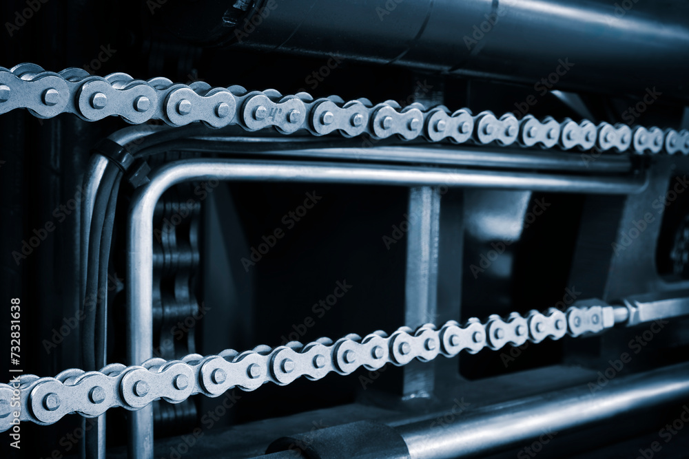 Gear chain drive shaft in conveyor belt is on production line. Timing ...