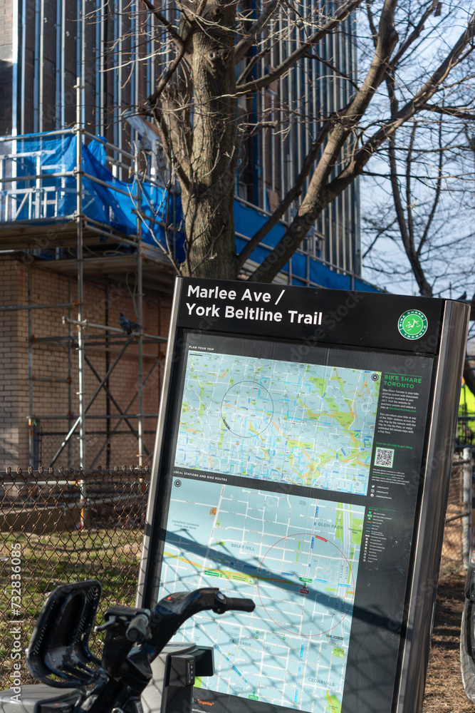 city of Toronto Bike Share map and information kiosk at Marlee Avenue ...