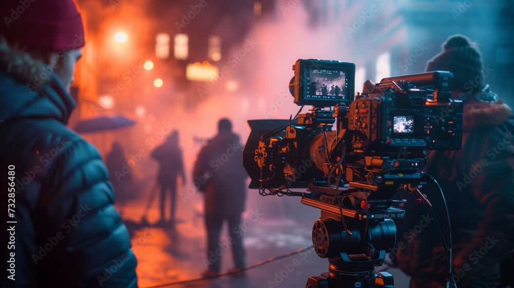 Film crew at work on a movie set. Director, actors, and crew members ...