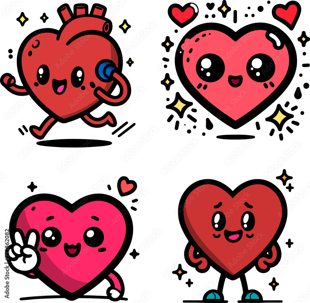 a collection of 4 colored cute hearts celebrating love and happiness in ...