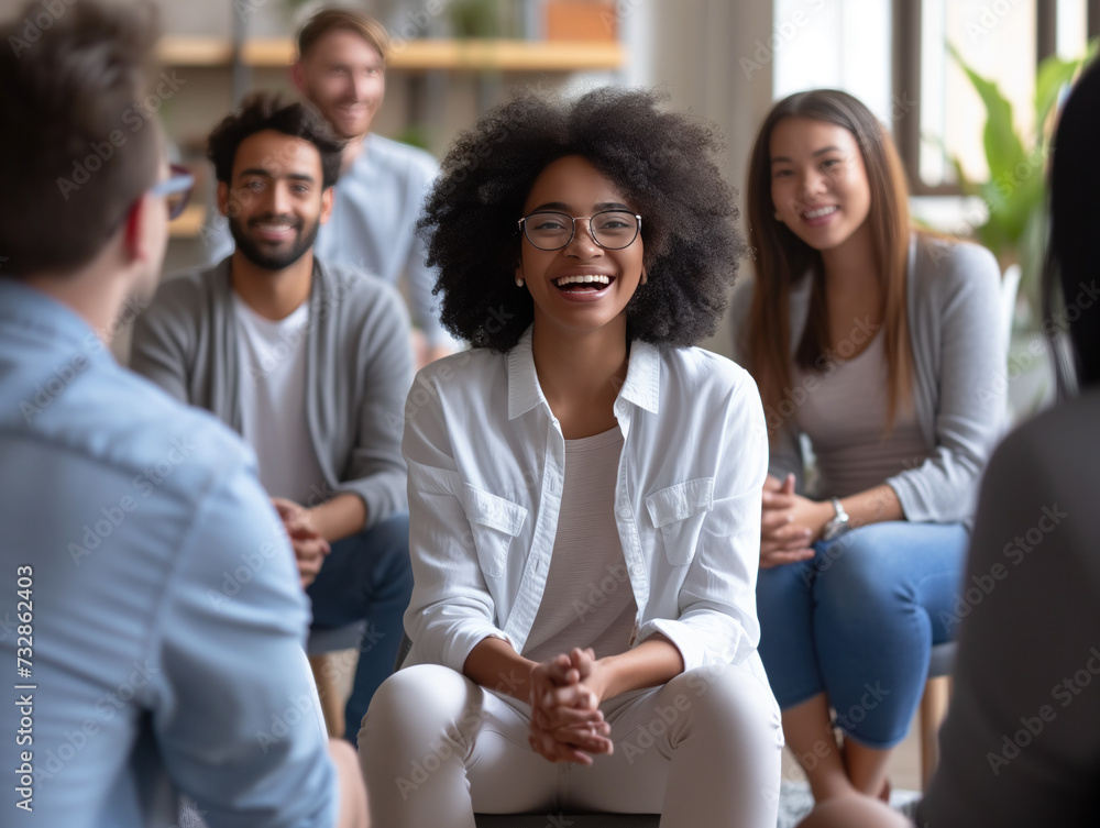 Colleagues of various races happily participate in an educational and ...