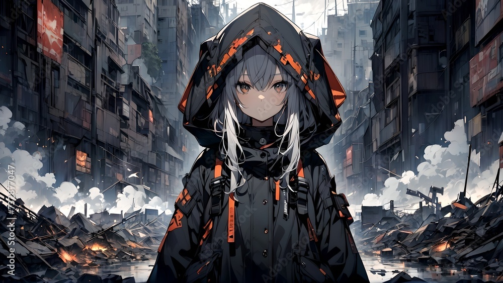 anime girl against the backdrop of the apocalypse, in the hood ...