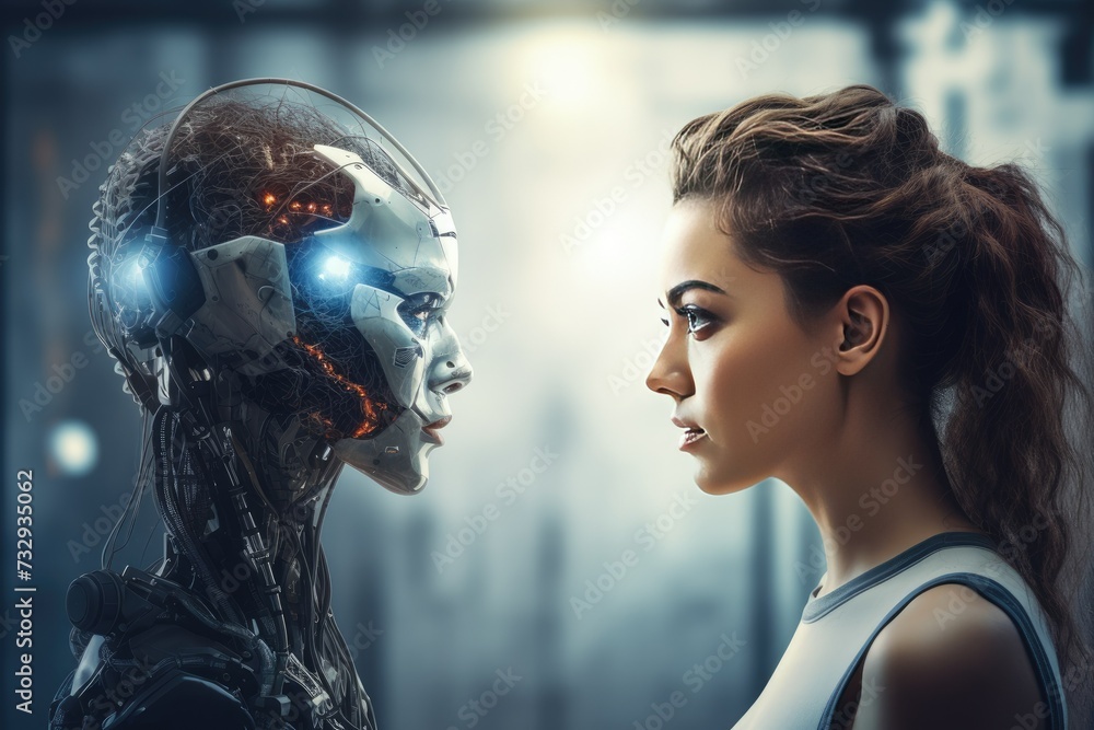 Machine vs human: AI robot and man facing each other, The concept of ...