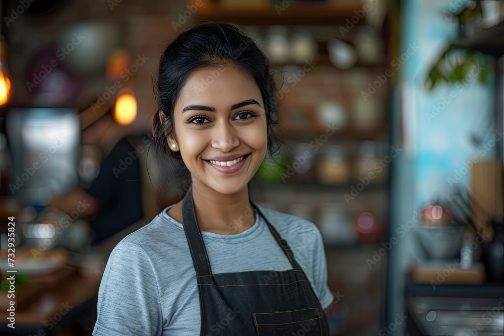 Cheerful Indian waitress posing in an apron smiling at the camera ...