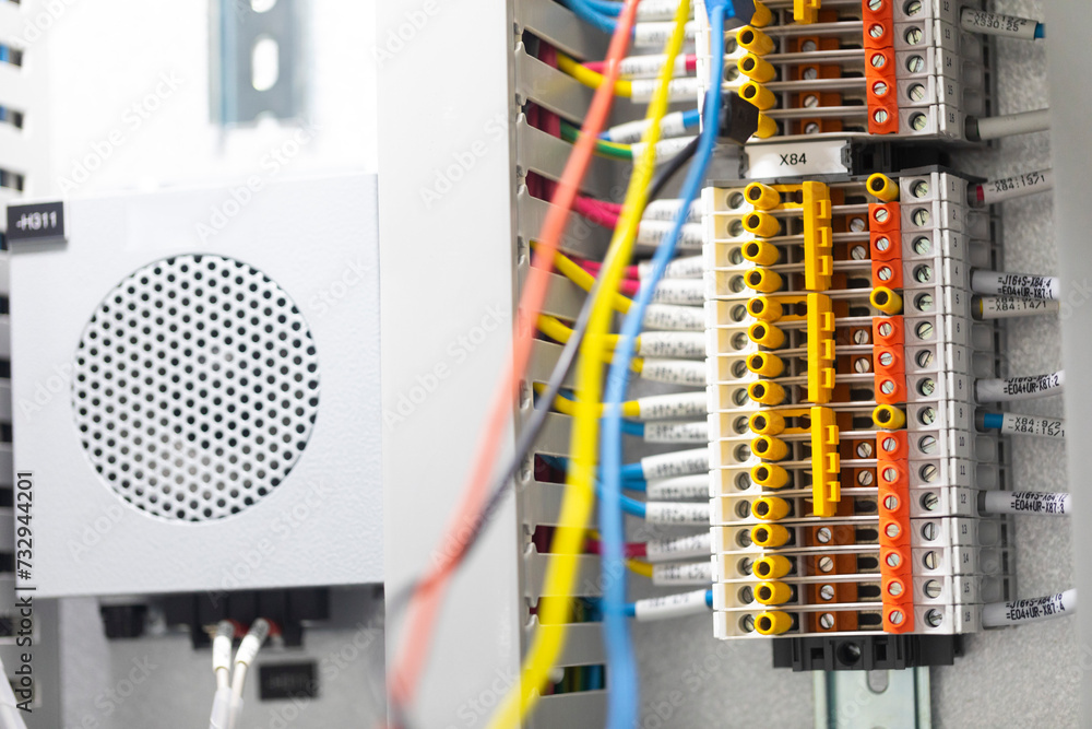 Fiber Optic cables connected to an optic ports in a data center Stock ...