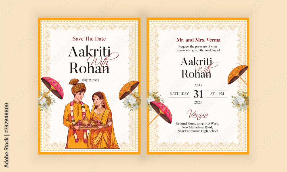 Traditional Royal Wedding Invitation card design with bride and groom ...