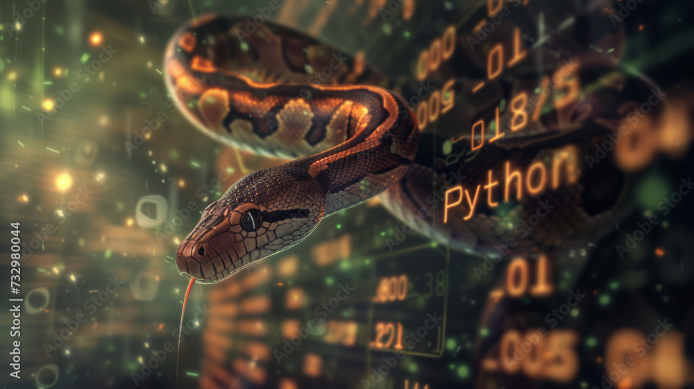 Python snake and coding numbers on a screen to represent Python computer language Stock Photo ...