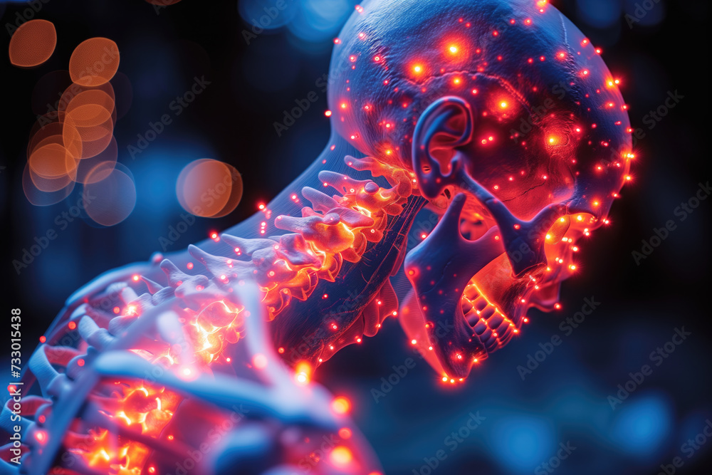 Human skeleton, hernia of the cervical spine, neck pain, backache ...