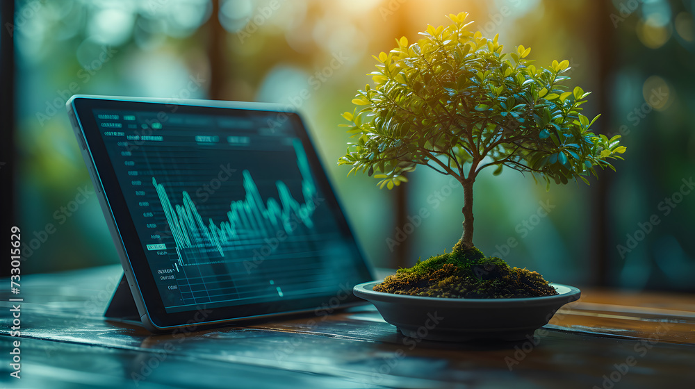Bonsai tree beside a tablet displaying financial growth charts ...