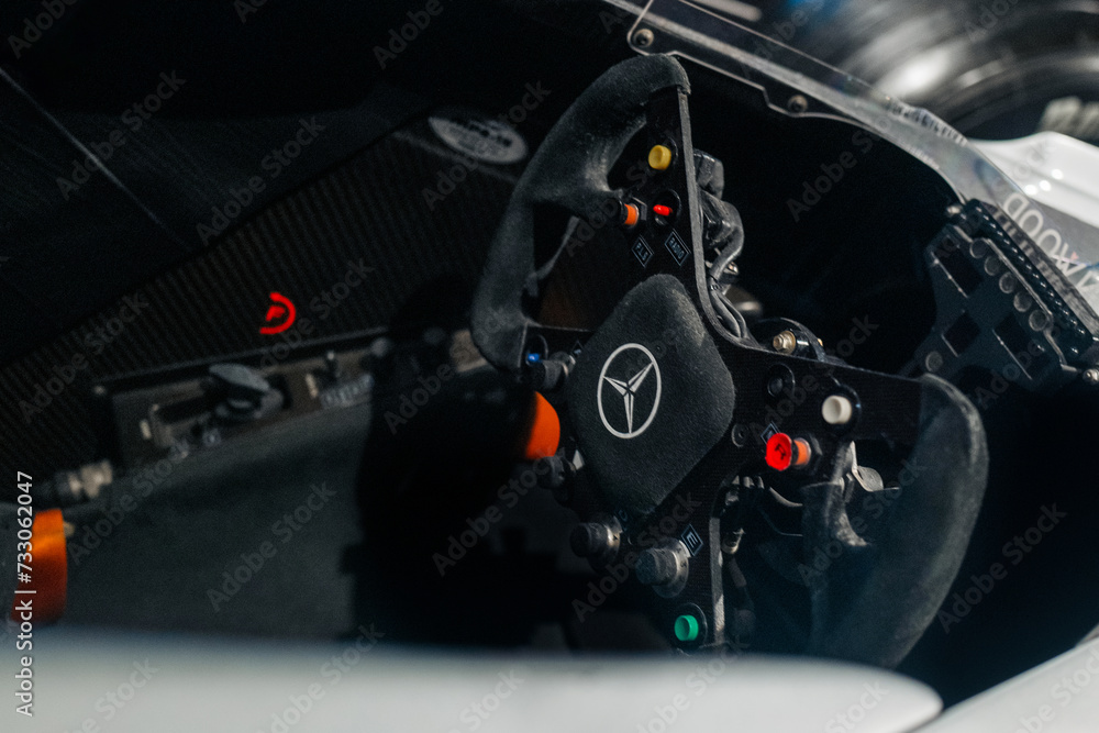 Silverstone, UK - August 13 2023 : Mercedes emblem steering wheel on a ...