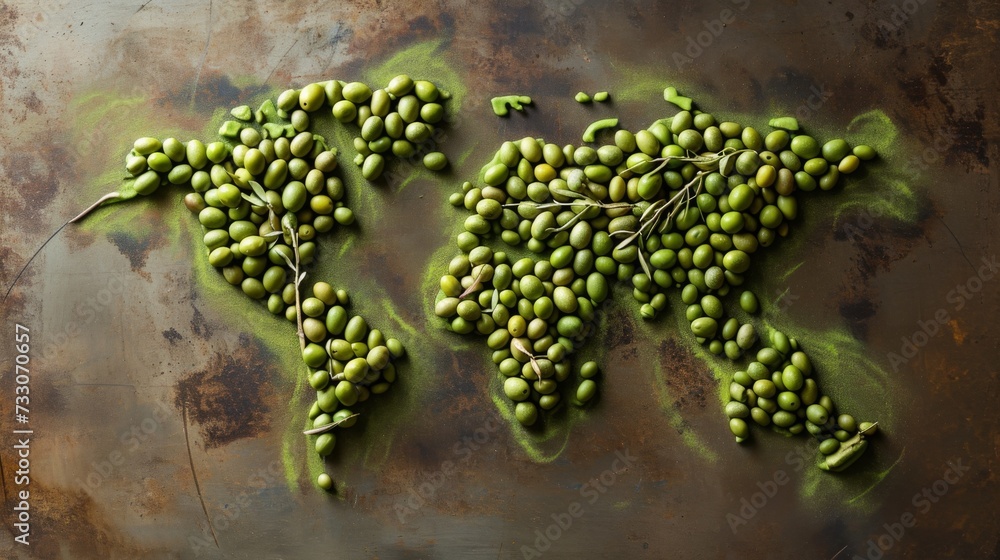 World map made of green olives. All continents of the green world Stock ...