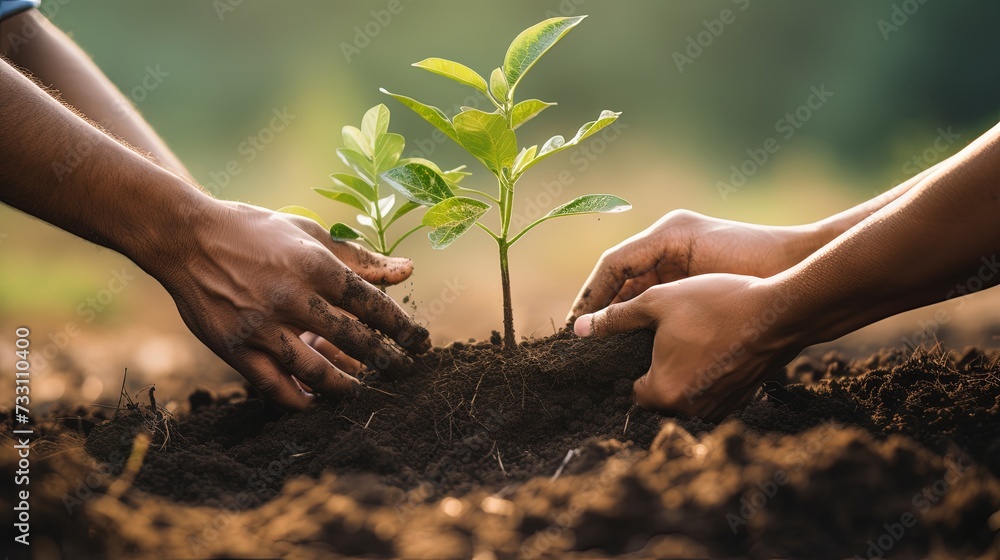 Photo Stock Two men planting a tree concept of world environment day ...