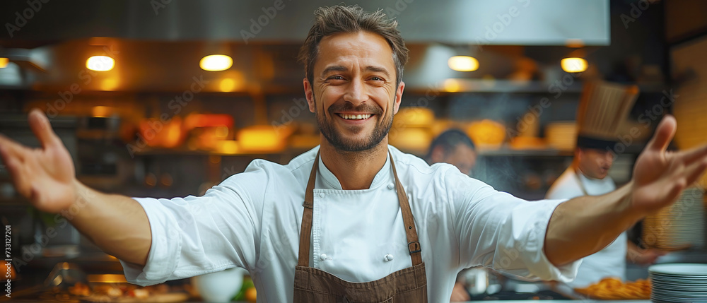 Young cook shows a hand a welcome . A baker in a cap smiles and invites ...