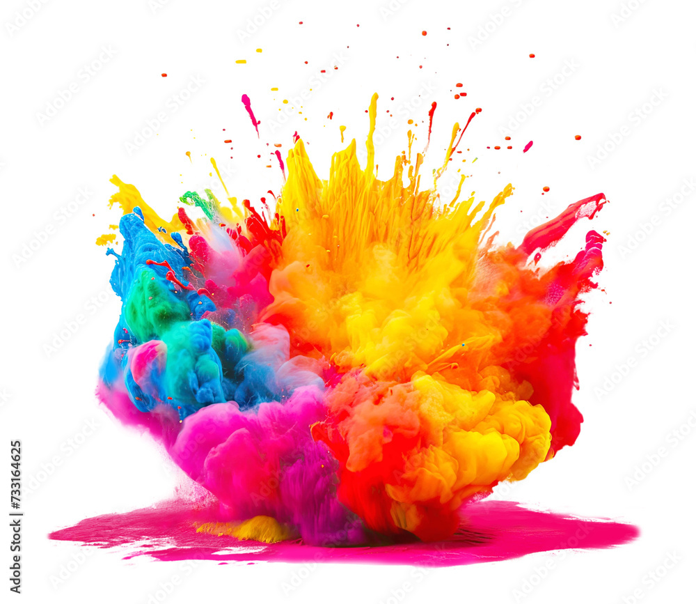 Powerful explosion of colorful rainbow holi powder on transparent ...