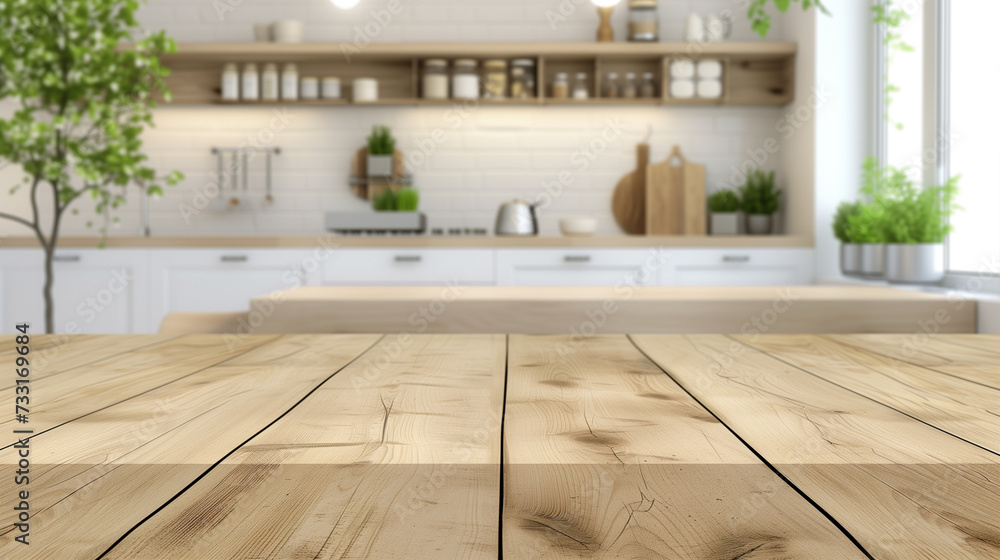 This picture shows a kitchen interior above a wooden counter, blurred ...
