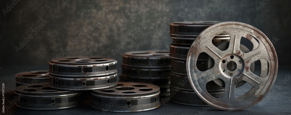 A collection of vintage film reels on a dark background, for a classic ...