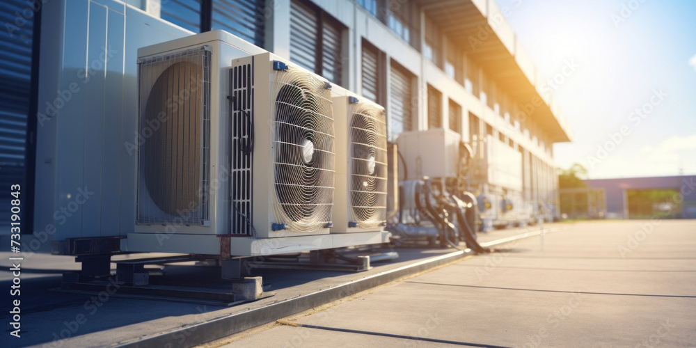 Condenser unit or compressor outside factory plant. Unit of ac air ...