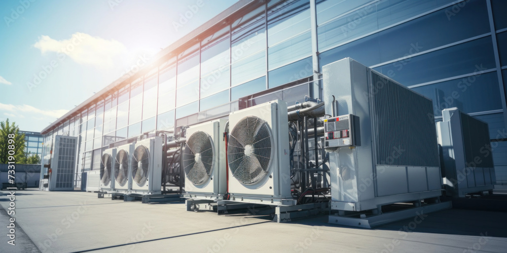 Condenser unit or compressor outside factory plant. Unit of ac air ...