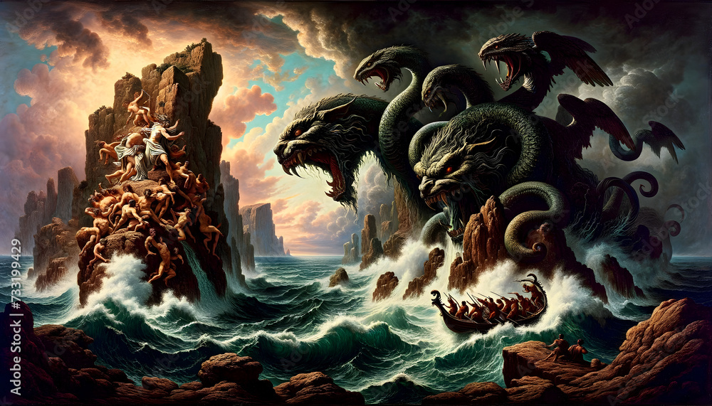 illustration of the mythological creatures Scylla and Charybdis, set in the turbulent waters of ...