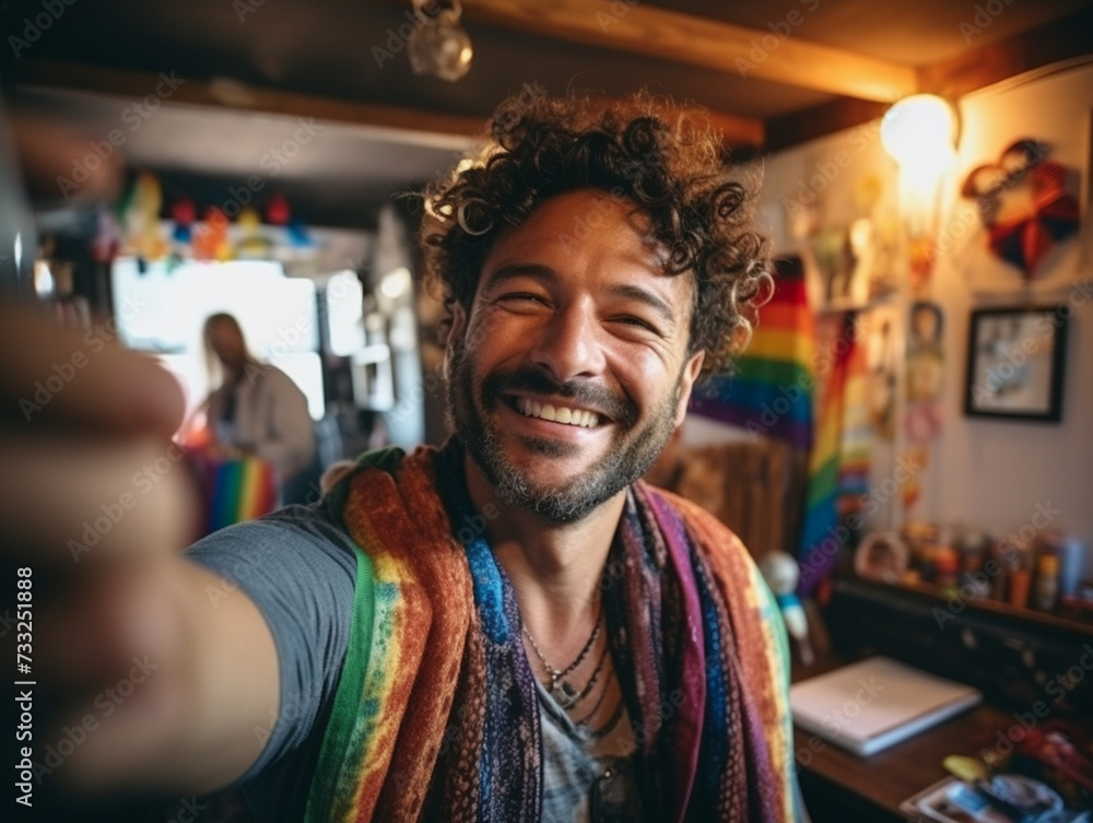 Pride day celebration event. Portrait of a cheerful gay man celebrating ...