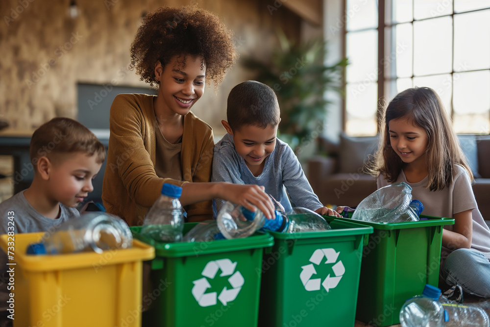 Multi ethnic family prepares Plastic bottle garbage for recycling, eco ...