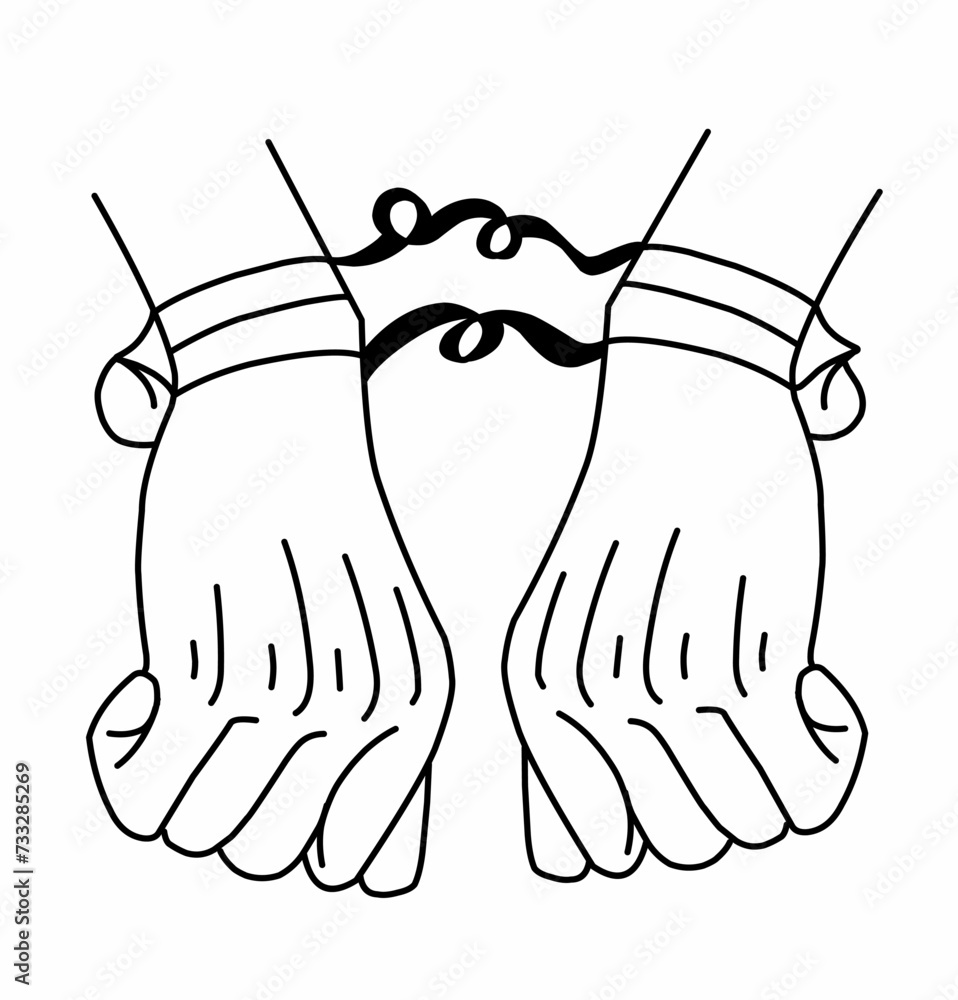 vector outline illustration of a pair of hands tied by a string or ...