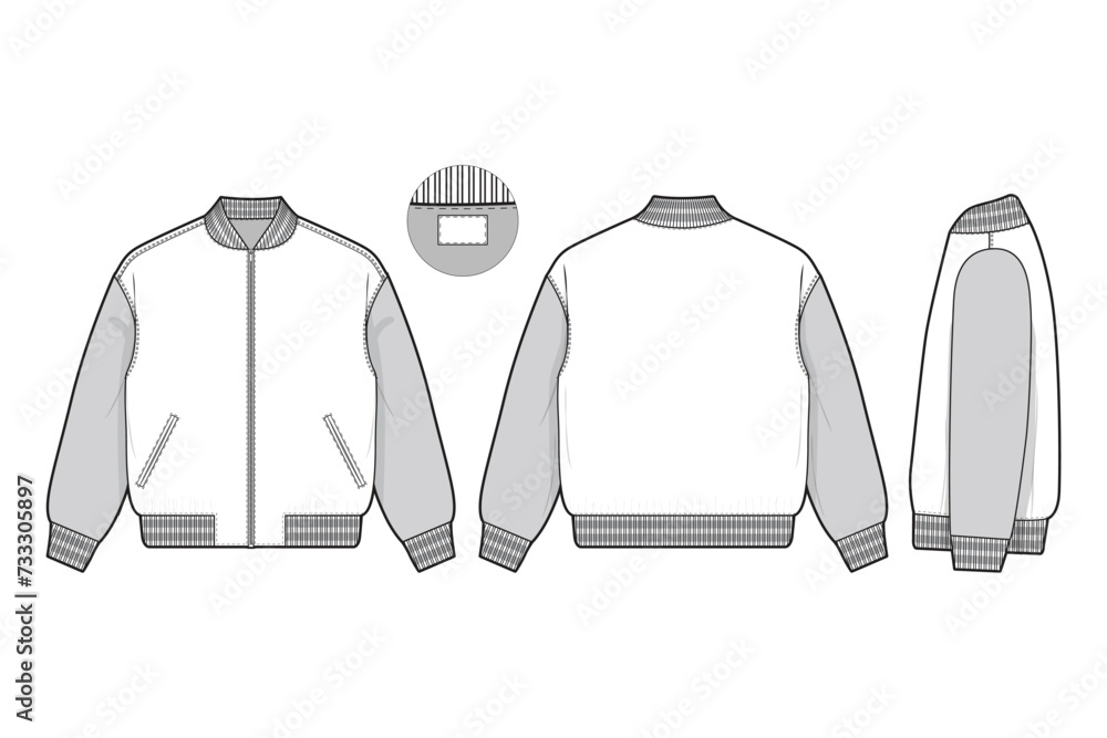Zip varsity letterman jacket flat technical drawing illustration mock-up template for design and ...