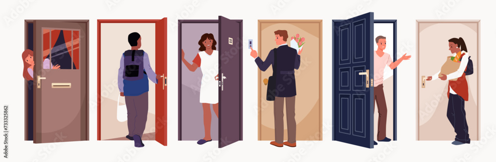 People standing at open door set. Happy man and woman opening door to ...