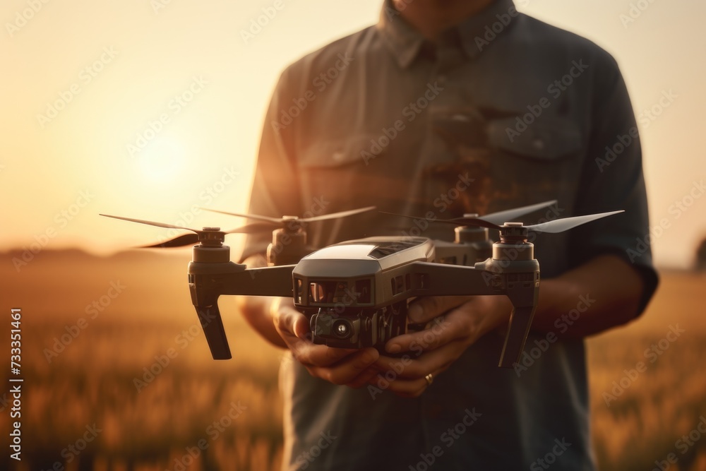 Foto de Stock Farmer using drone to irrigate corn field from pests. Fusion of technology and ...