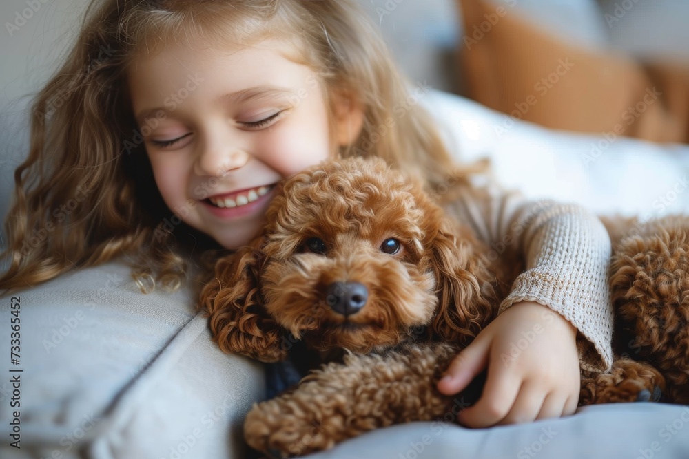 A young girl smiles with pure joy as she embraces her beloved ...