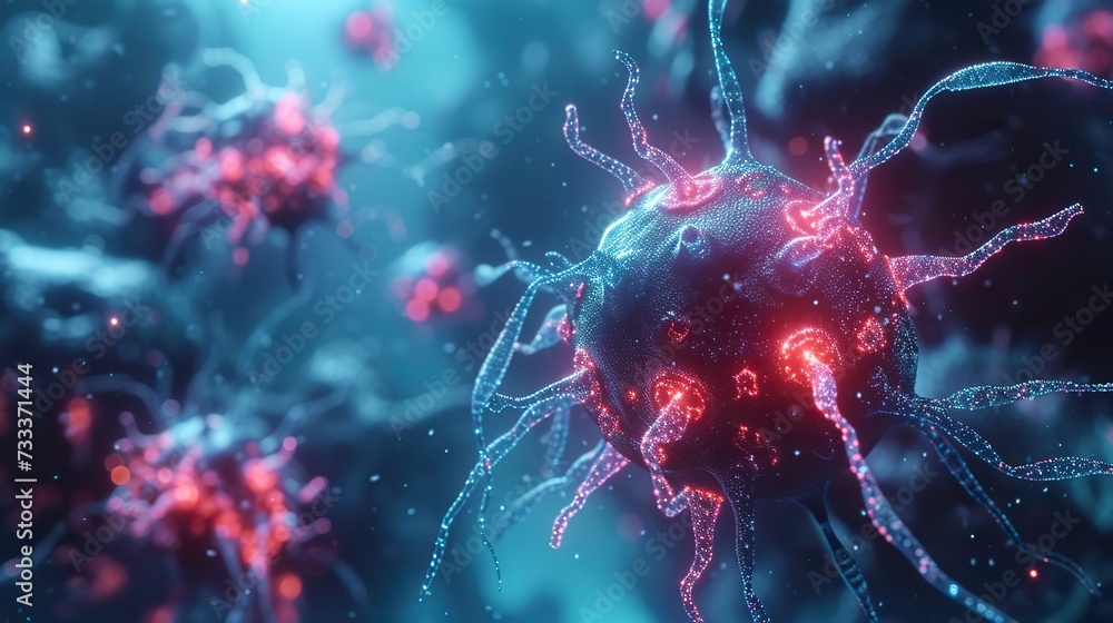 A highly detailed 3D of a virus particle with filamentous structures on ...