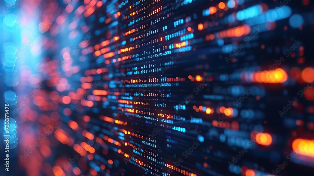 Abstract visualization of data streaming with glowing lines of code, representing digital ...