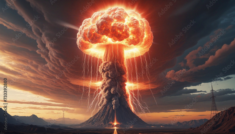 Vector nuclear explosion rising fireball of atomic mushroom cloud in ...