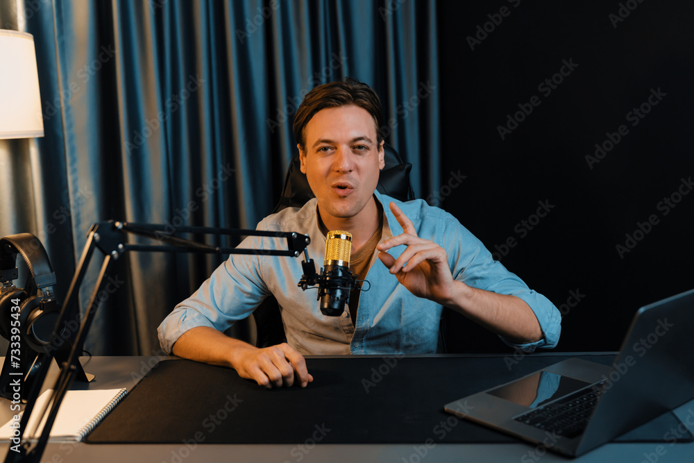 Host channel smart broadcaster talking on live social media application ...