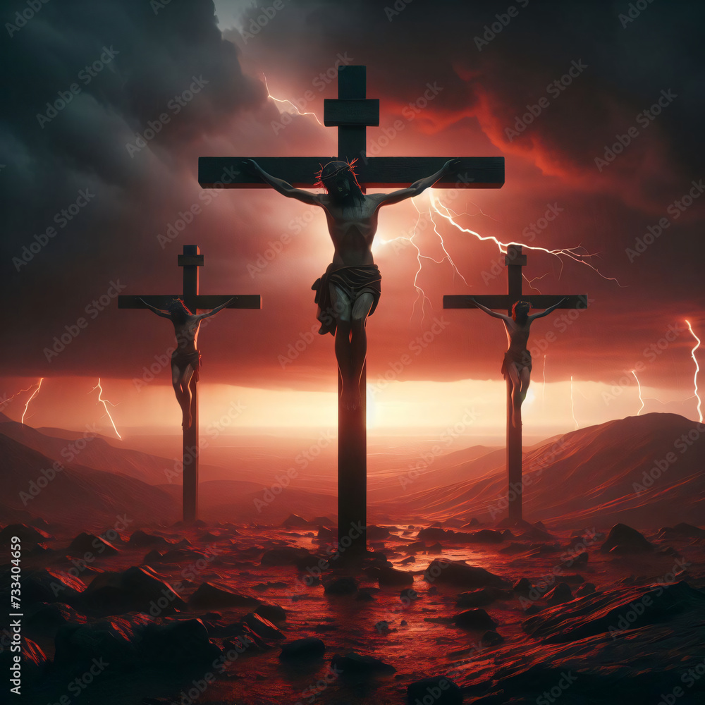 Jesus Christ dying on crucifix at Golgotha or Calvary, outside ...