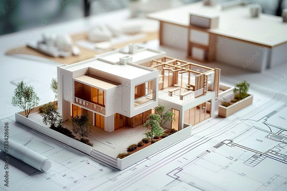 An architect's blueprint on a detailed map in the construction of the ...