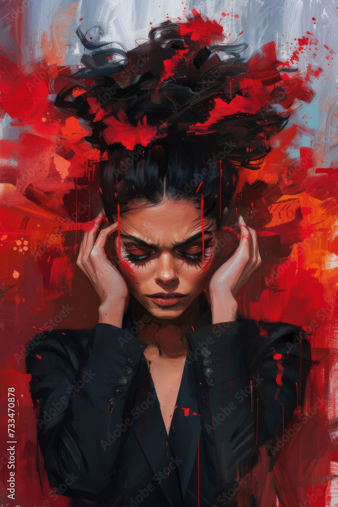 A bold and expressive portrait of a woman adorned with a striking red ...