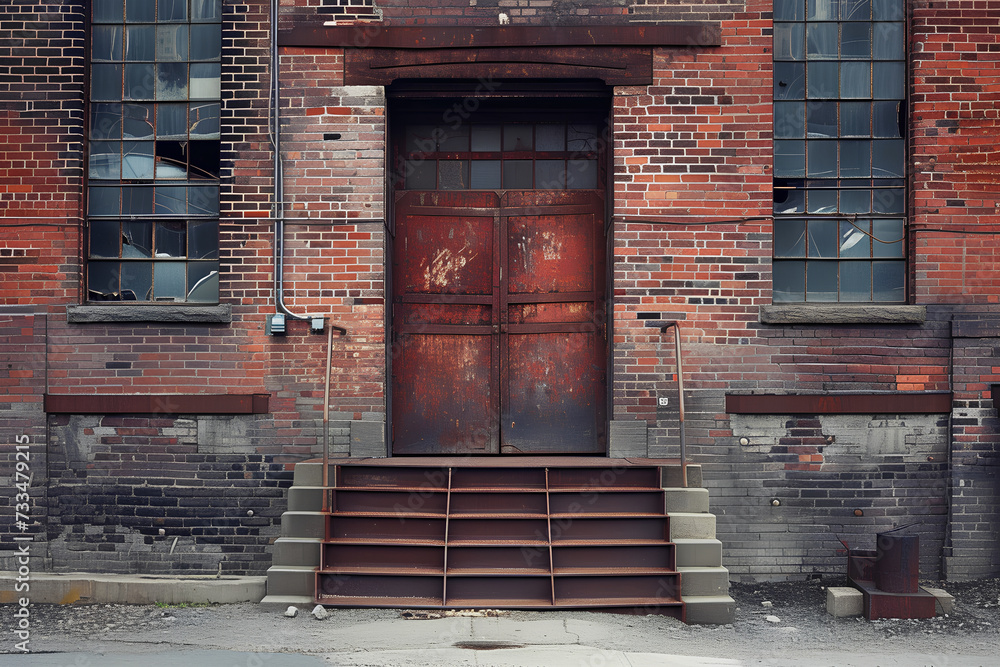 Illustrate an industrial-style building entrance with exposed brick ...