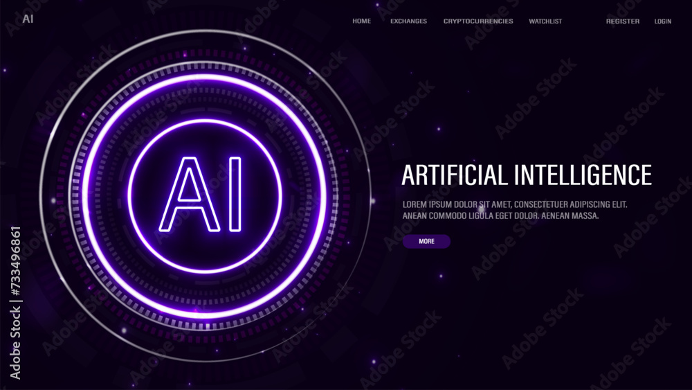 Neon shiny bright logo of artificial intelligence AI on a purple ...
