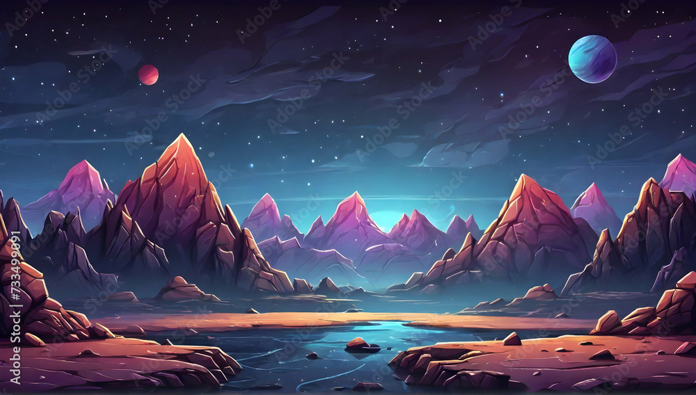 Cosmic background, alien planet deserted landscape with mountains ...